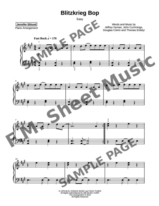 Blitzkrieg Bop (Easy Piano) By Ramones - F.M. Sheet Music - Pop Arrangements by Jennifer Eklund